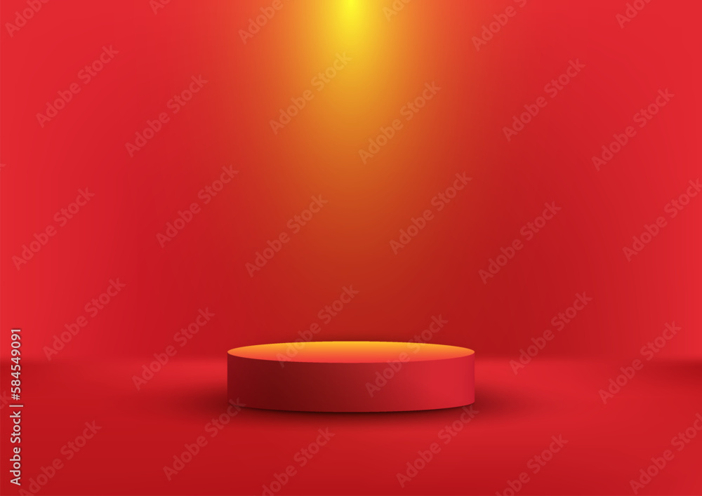 3D realistic elegant red cylinder podium stand with spotlight on red ...