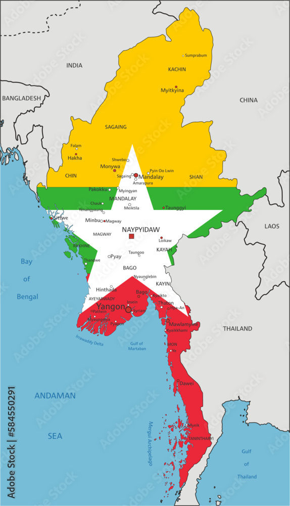Myanmar highly detailed political map with national flag isolated on ...