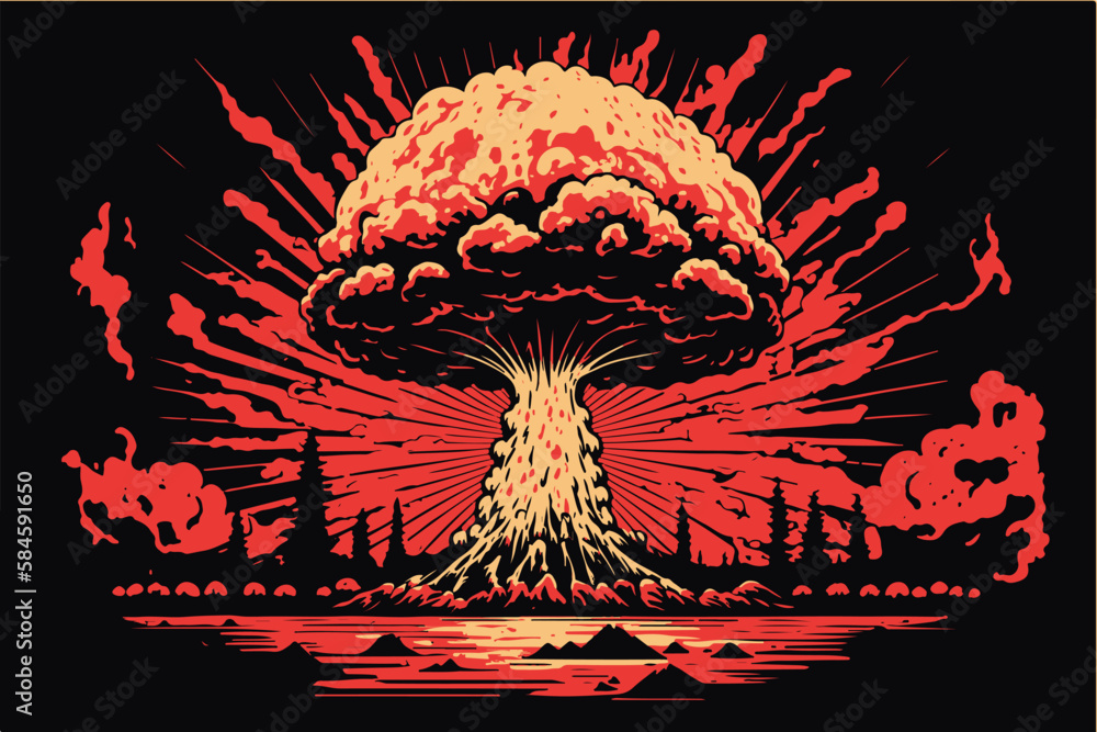 Nuclear explosion. Vector art of the atomic bomb. Huge mushroom cloud. Explosive destruction ...