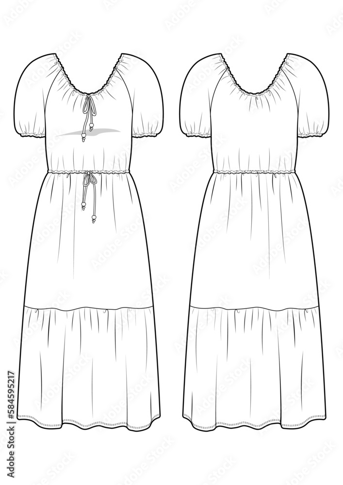 Tiered dress with puff sleeve and drawstring technical drawing / flat ...