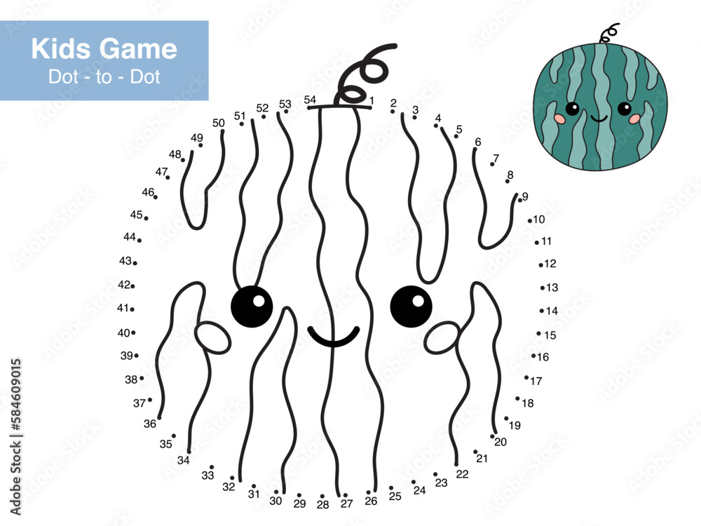 Number puzzle game. Dot to dot. Cute kawaii watermelon with funny face ...