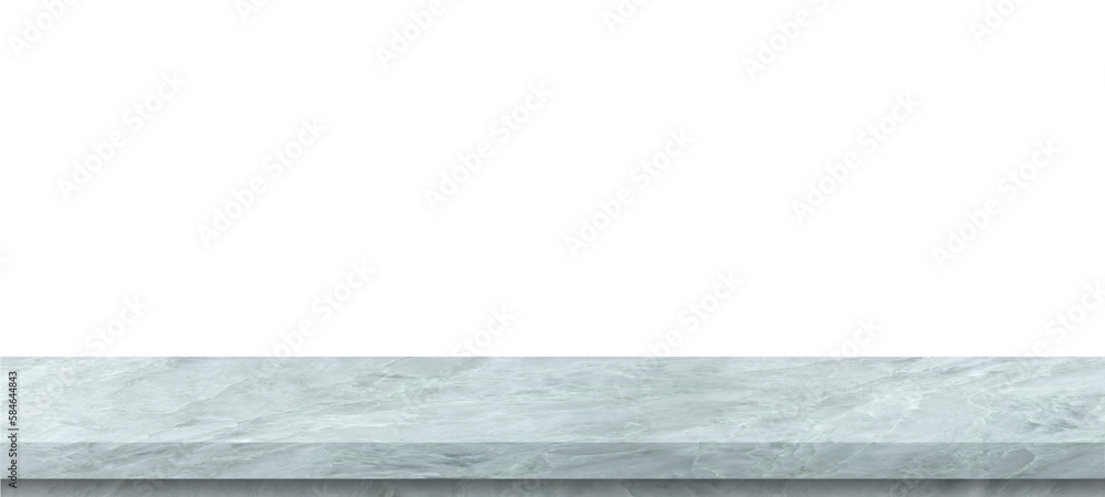 White marble table top, stone display stand, mockup of empty shelf ...