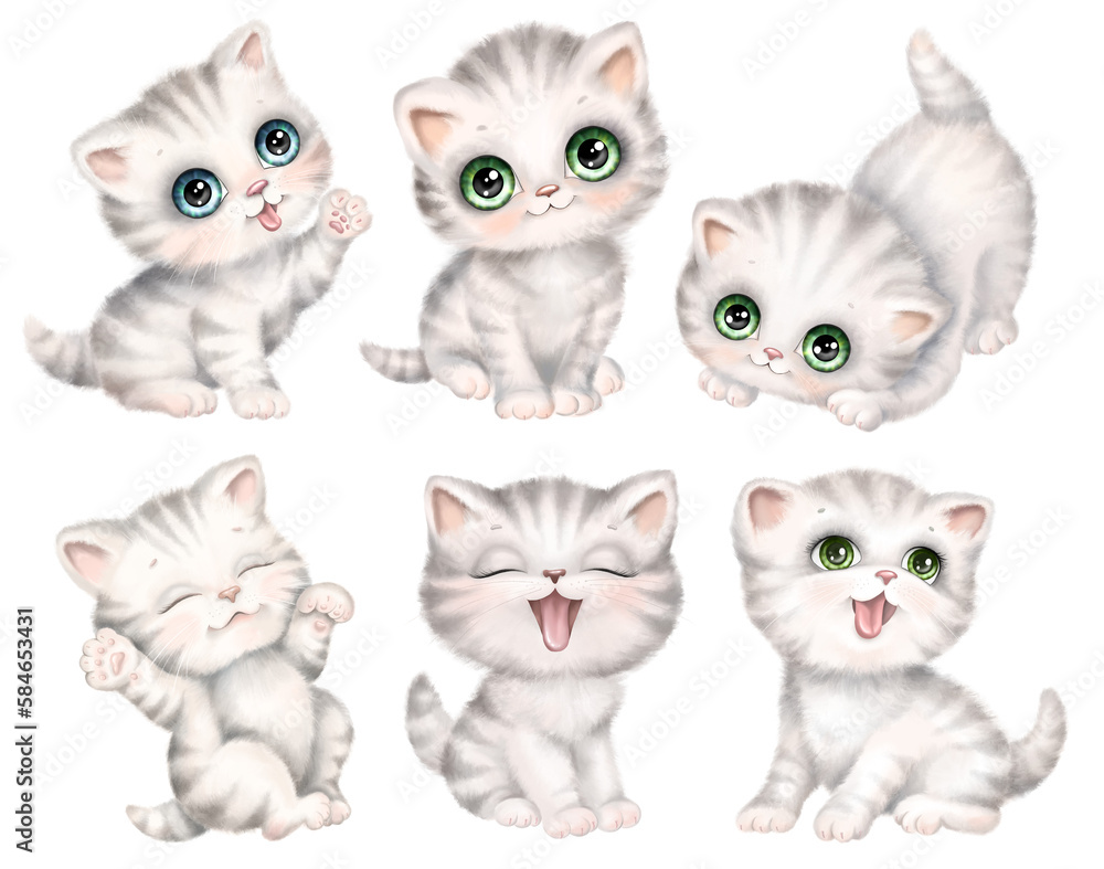 Set of Cute tabby British kittens. Kitty Cat poses collection, Hand ...