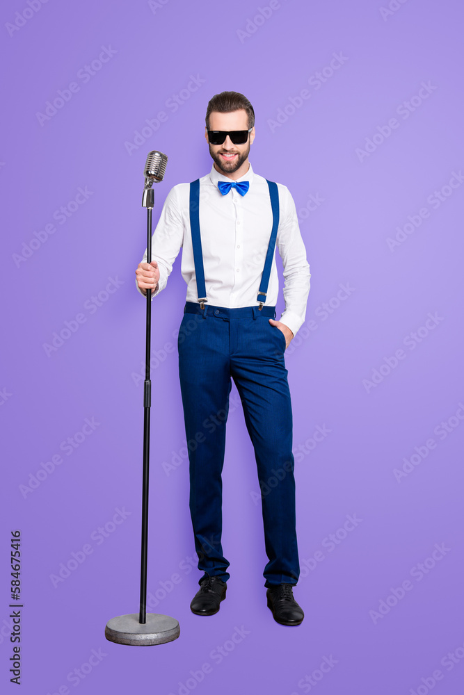 Full size full body portrait of cheerful elegant singer with bristle in ...