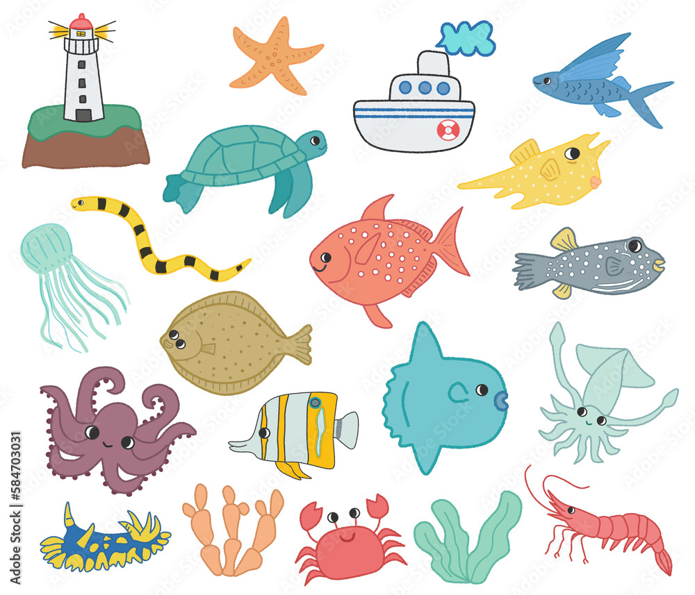 Ocean doodle hand drawn clip art. Set of cute under the sea doodle ...