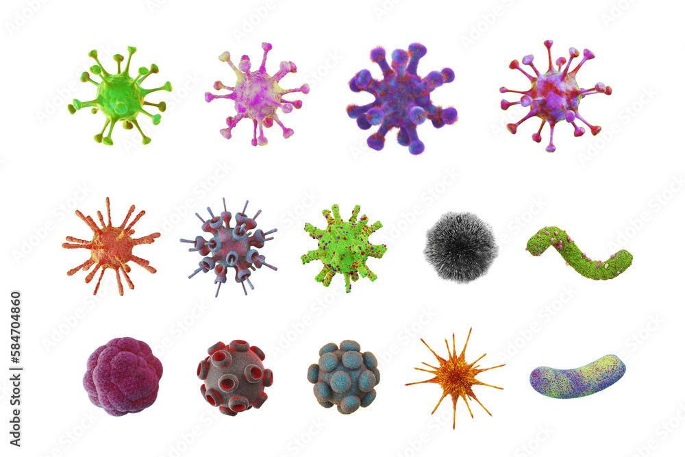 Virus 3d model set. Covid-19 germs, fungi, bacteria objects. Graphic ...