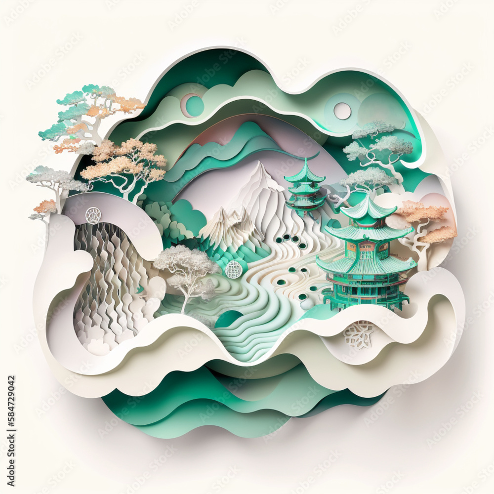 Illustration Stock Japanese Kirigami Shrine - 3D paper craft, pastel ...