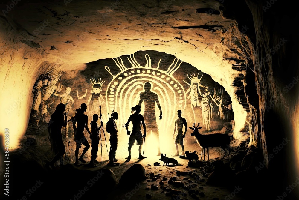 Ilustração cave drawing with ancient people and alien monster, created ...