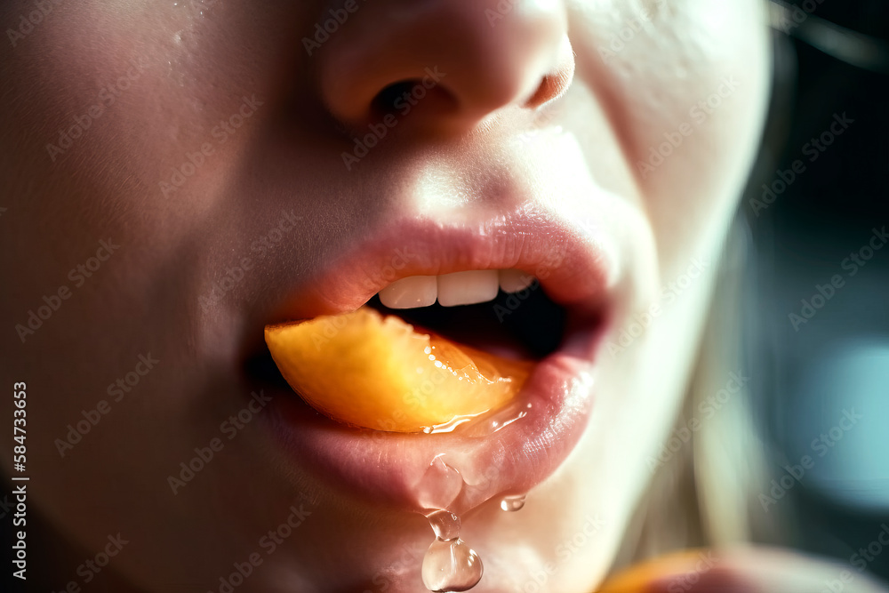 ภาพประกอบ Stock Close-up of a woman's mouth biting down on a piece of ... ภาพประกอบ Stock Close-up of a woman's mouth biting down on a piece of ...