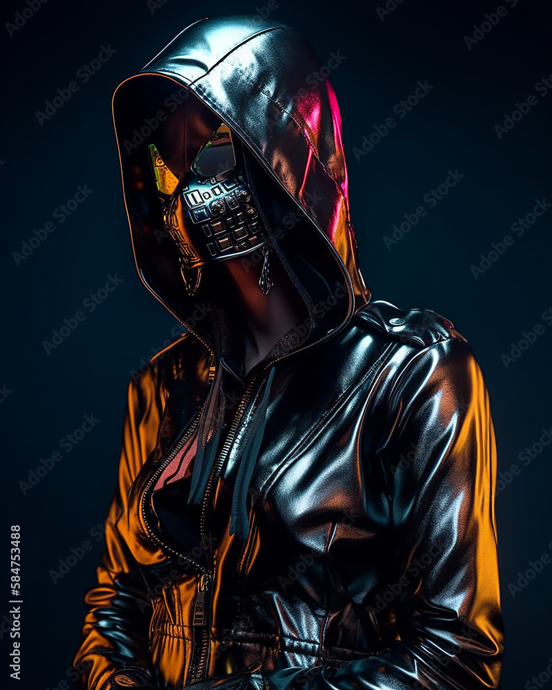 Hero girl in black leather jacket and black hoodie hide her face by a ...