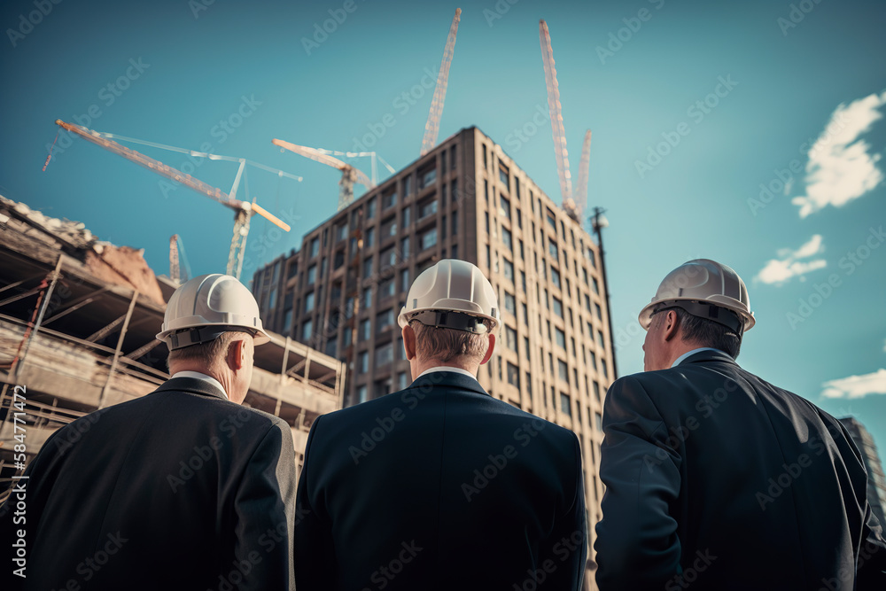 Three businessmen wearing hard hats contemplating the construction site ...