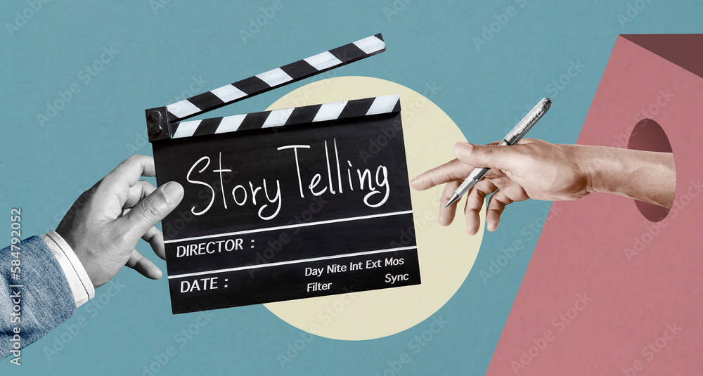Story telling text title on film slate or movie Clapper board for ...