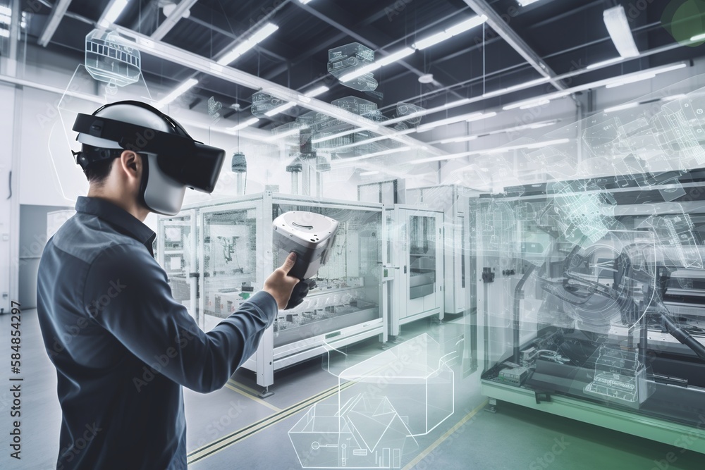 Futuristic factory with workers using VR headsets and AR, harmoniously blending human and smart ...