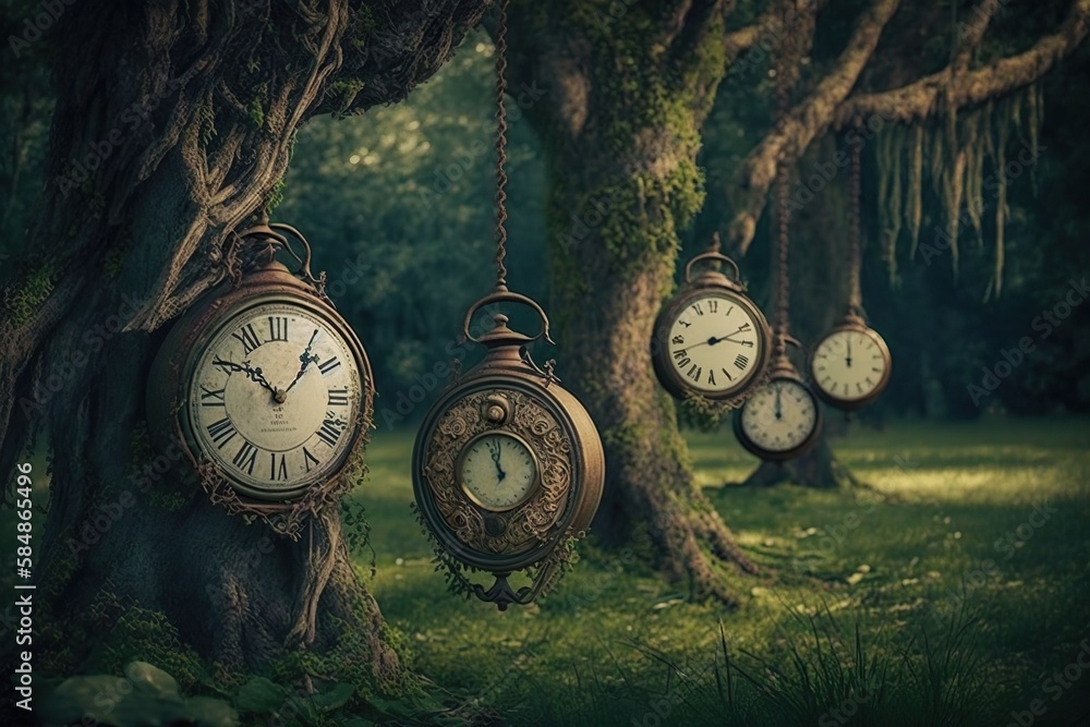 Row of vintage clocks hanging from a tree branch in a meadow, concept ...