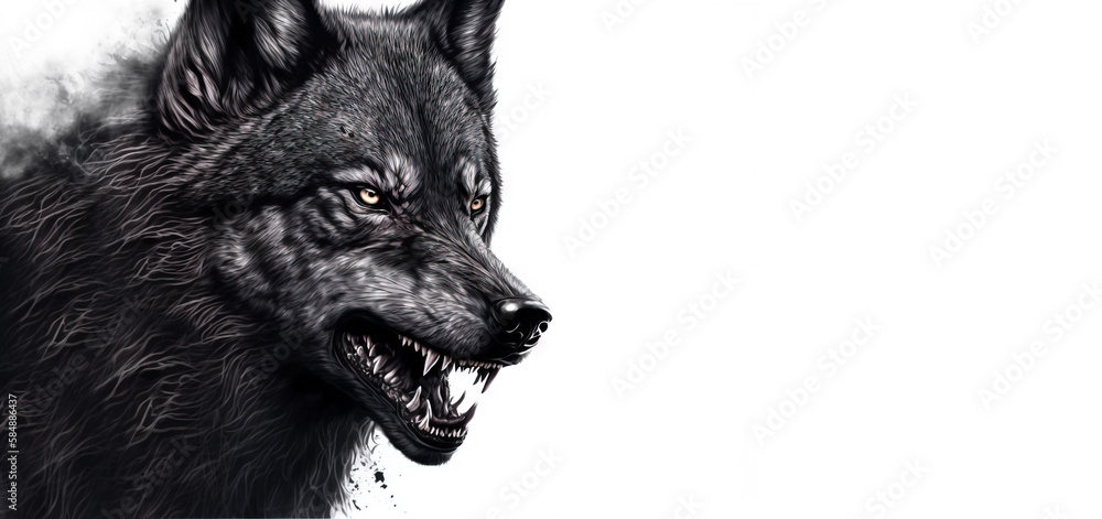 Generative AI, Watercolor Art of an Aggressive Black Wolf Showing Teeth ...