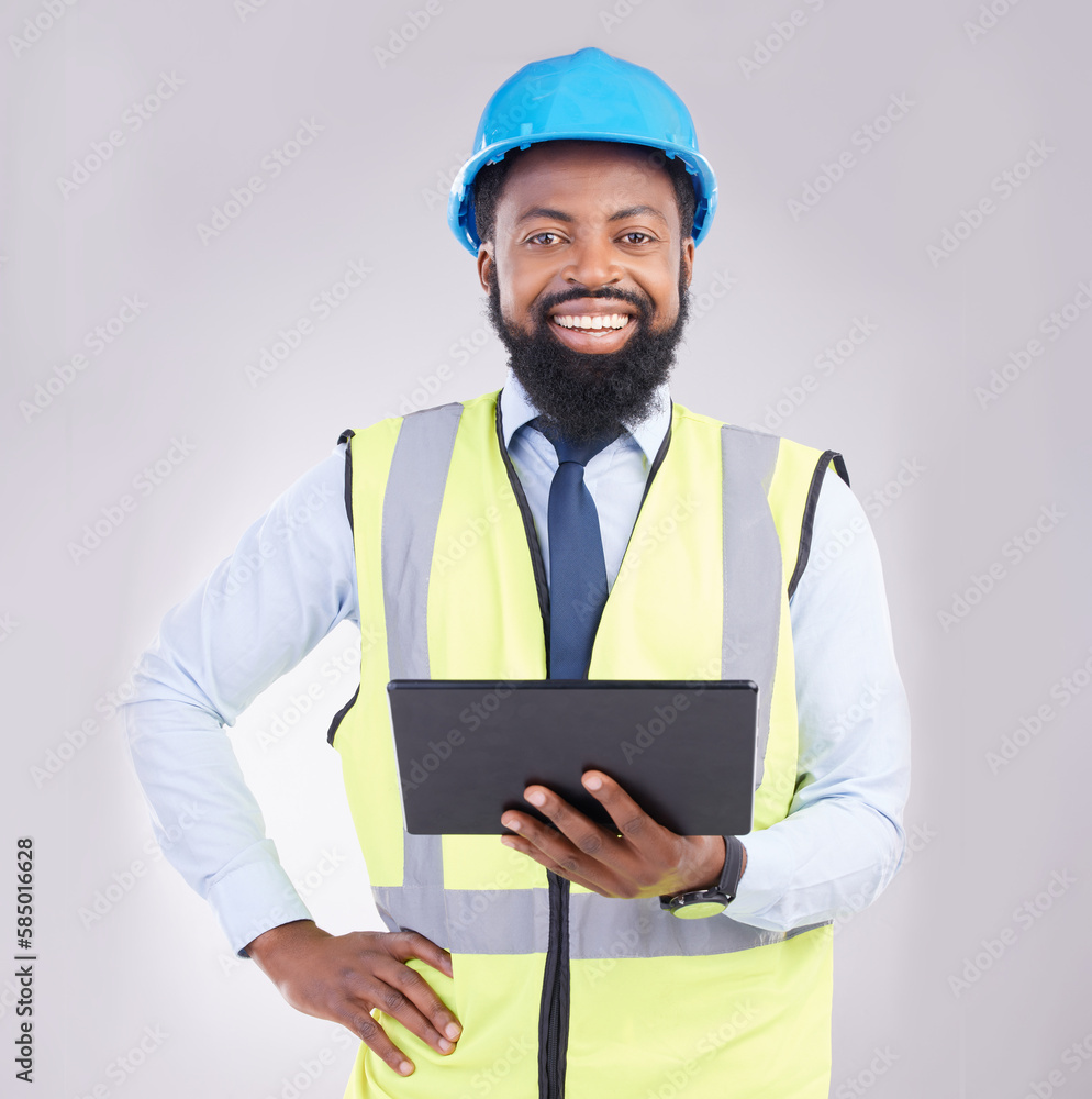 Engineering, black man and tablet in studio portrait with smile ...