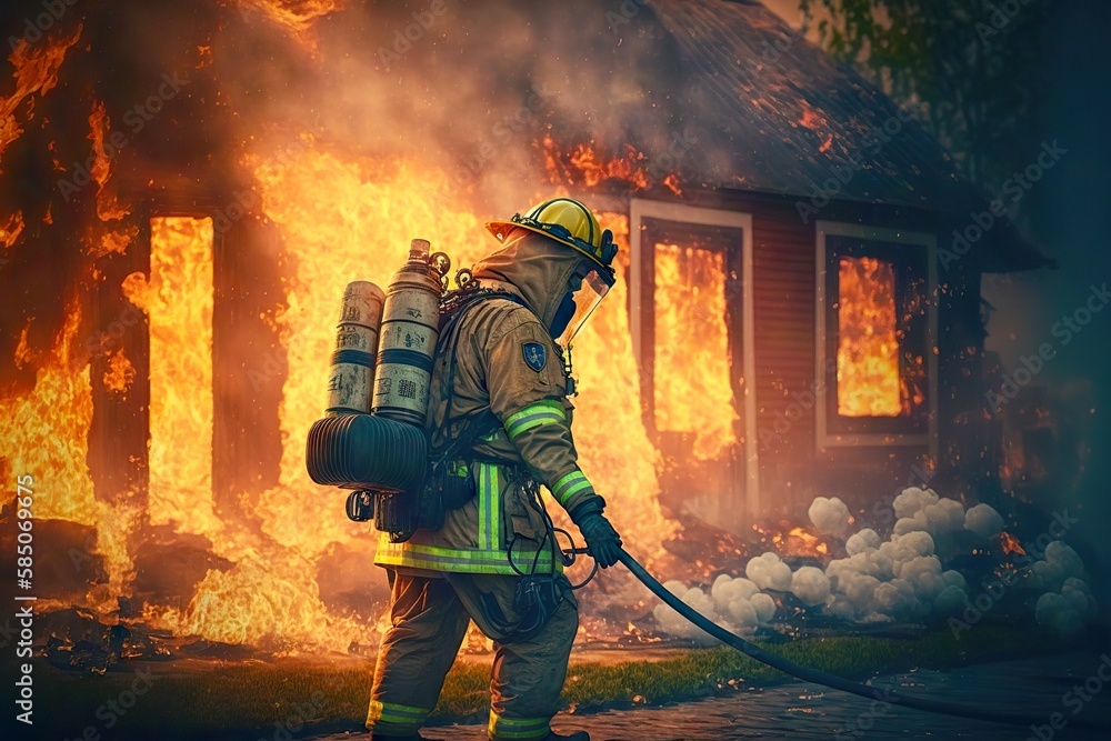 One firefighter fights fire with hose of water near burning house ...