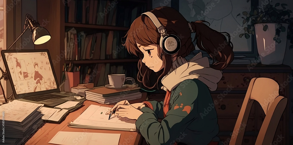 Lofi Girl studying at her desk. Anime girl studying with headphones in ...