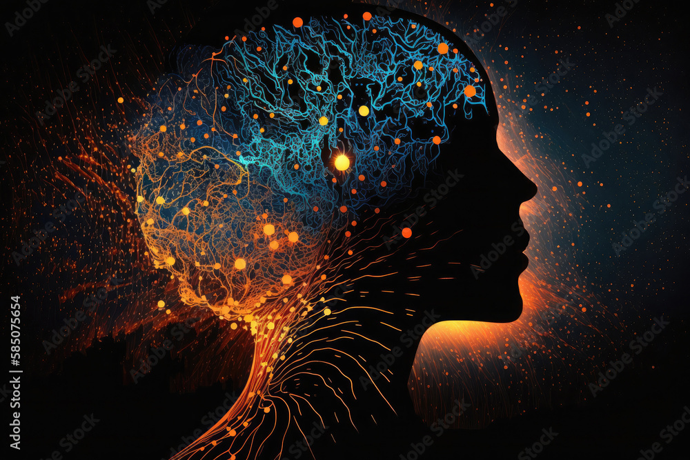 Meditation concept with human head silhouette glowing esoteric neurons ...