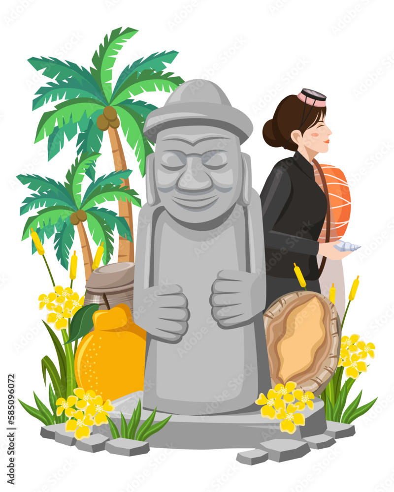 Jeju Island landmarks illustration. Grandfather stone statue, female ...