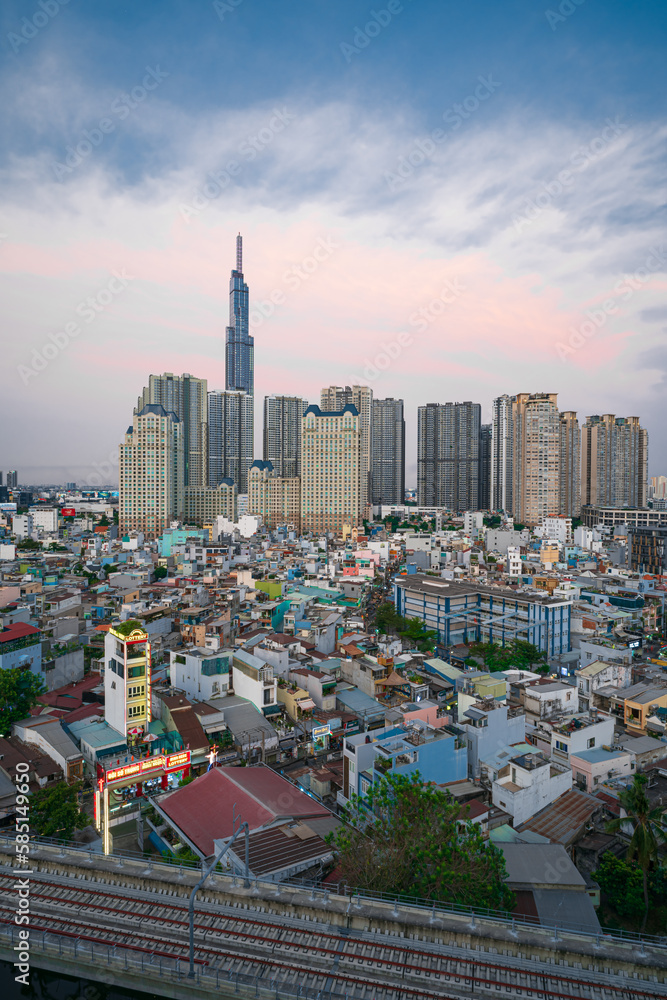 Beautiful aerial view at night in Ho Chi Minh City, see the Landmark 81 ...