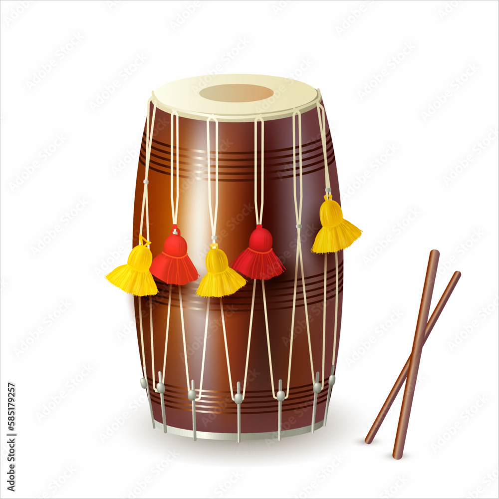 North Indian dhol (drum) and sticks isolated on white. Traditional ...