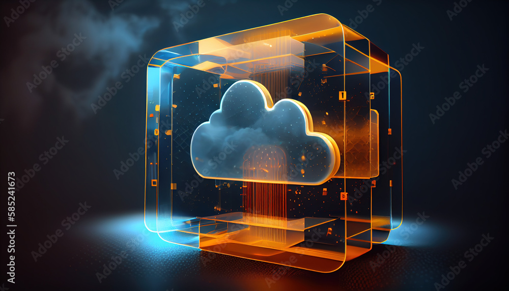 Digital informational technology web futuristic hologram with cloud icon, blue golden light ...