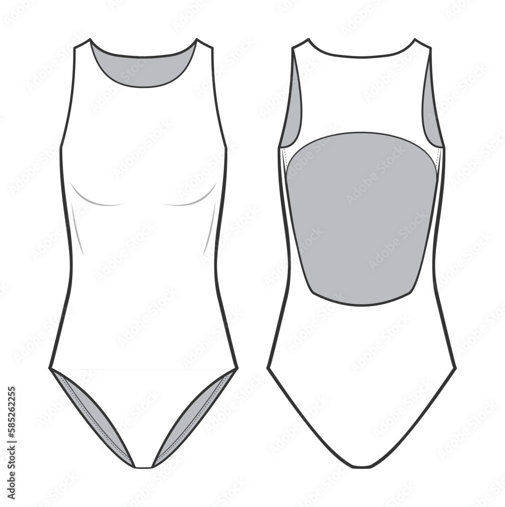 Round neck bodysuit fashion flat technical drawing template. swimsuit ...