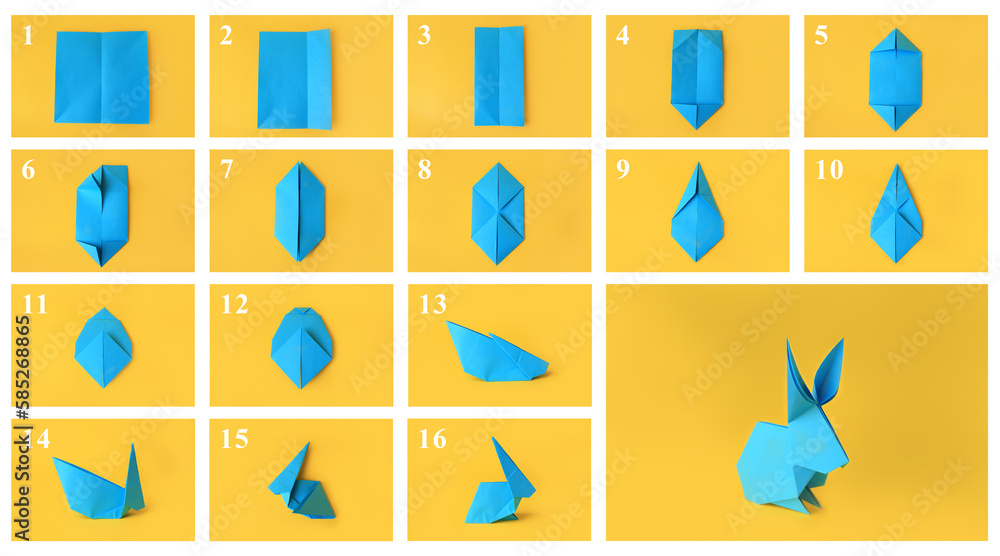 Origami art. Making light blue paper bunny step by step, photo collage ...