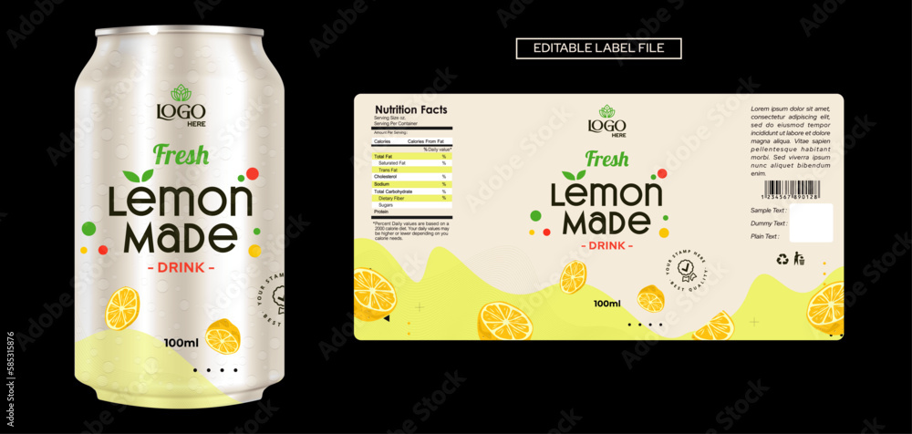 Lemon drink label design, soft drink label design. Lemonade Soda can ...