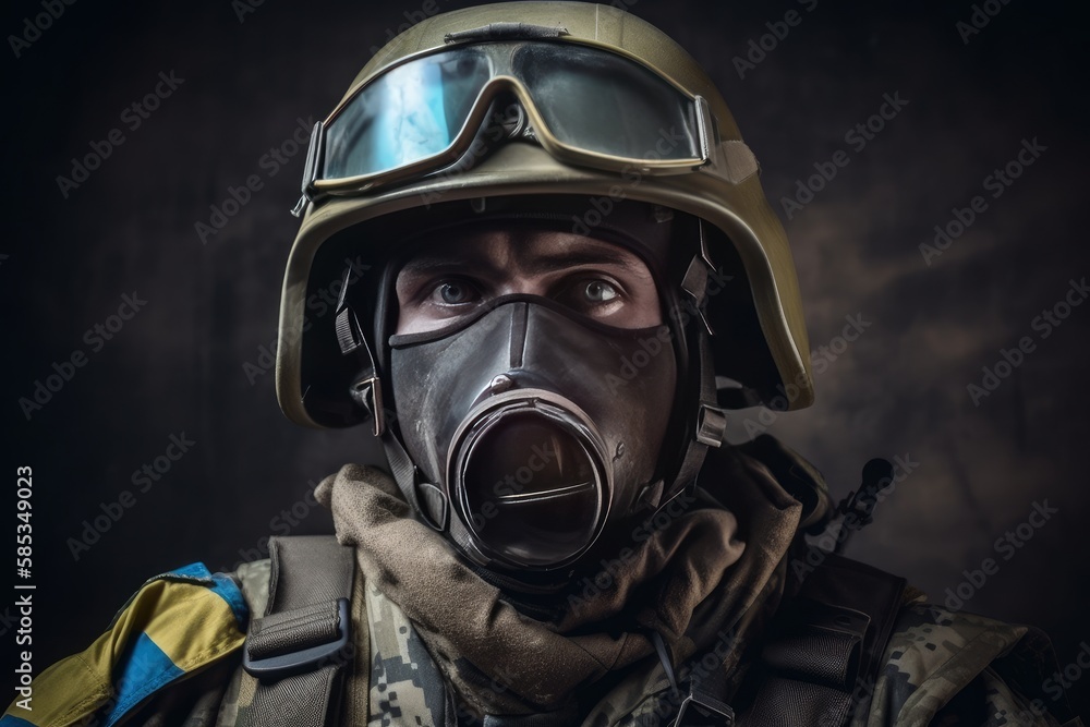 Ukrainian solder with helmet and gas mask on resting on the front lines ...