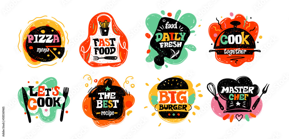 Vector de Stock Funny lunch gastronomy hand lettering. Cooking label ...
