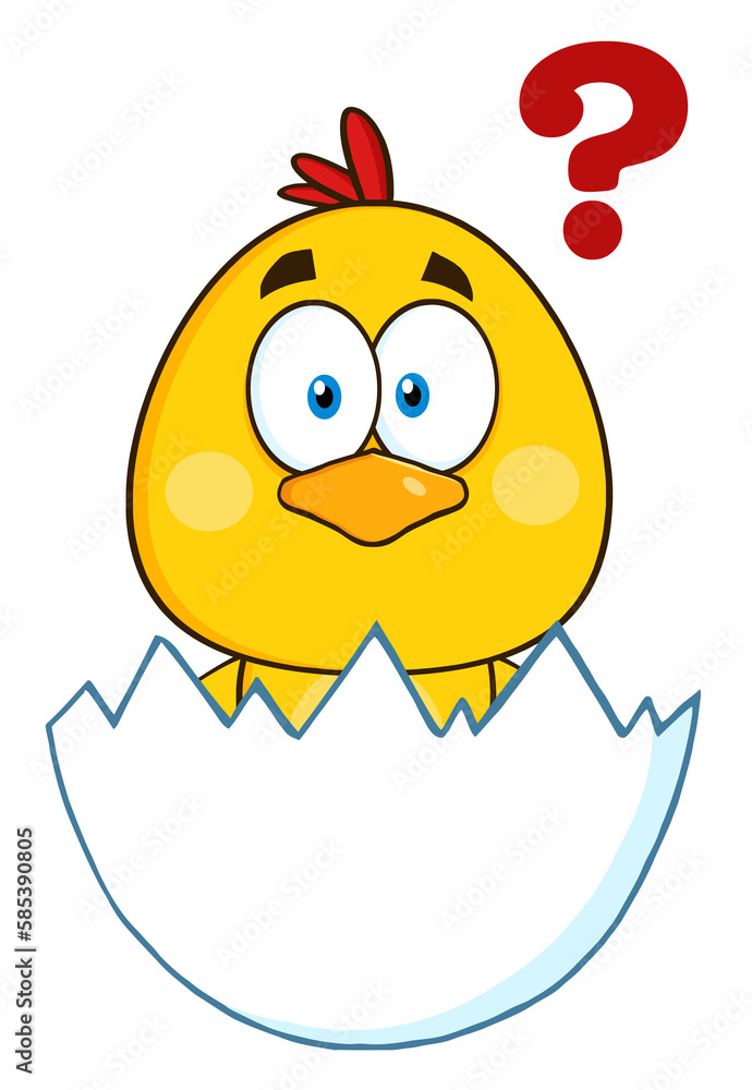 Cute Yellow Chick Cartoon Character Hatching From An Egg With Question ...