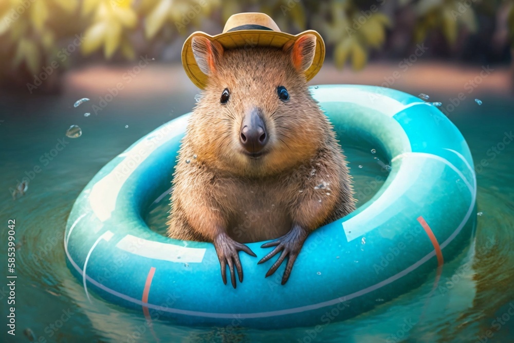 Quokka in Inflatable Ring and Straw Hat in Swimming Pool Stock ...