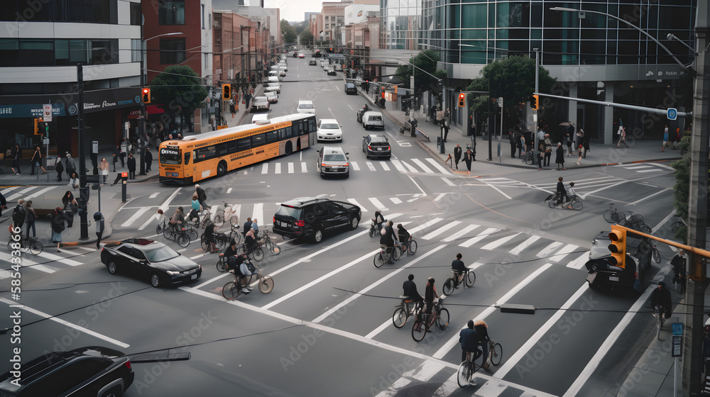 Image of a busy urban intersection, with cars, buses, and bicycles ...