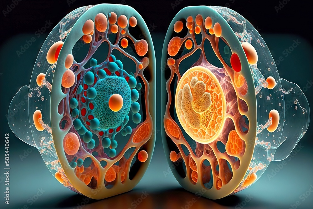 One whole cell and process of cell division in visual model, created ...