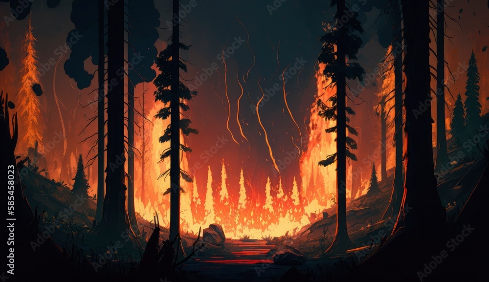 Wildfire, forest burning, 4k digital painting. Illustration of trees ...