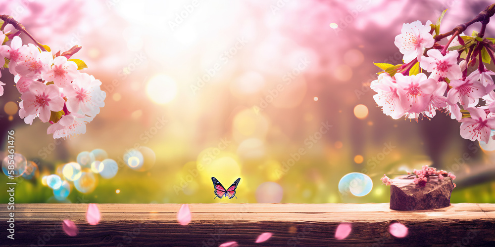 Spring background with empty wooden table. Natural template for product ...