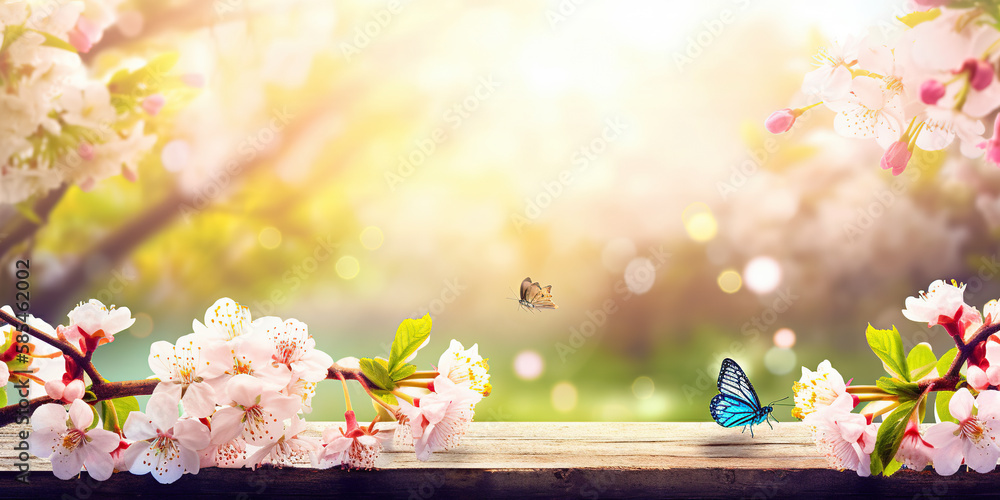 Spring background with empty wooden table. Natural template for product ...