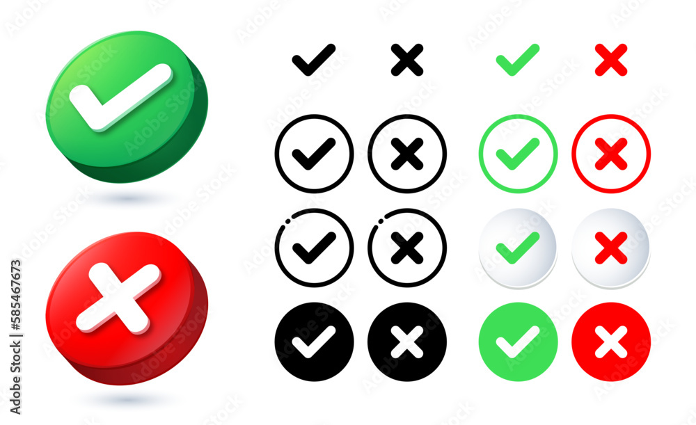 3d checkmark icon button correct and incorrect sign. Set check mark box frame with green tick ...