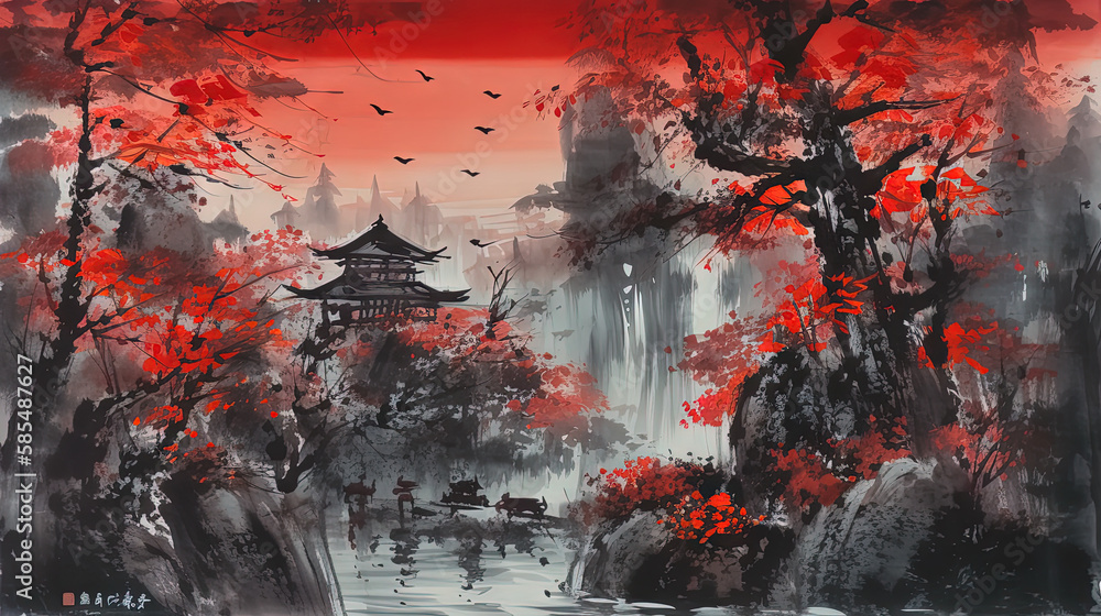 japanese landscape ink wallpaper Stock Illustration | Adobe Stock