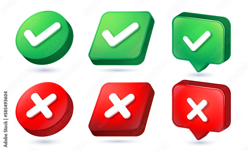Praca wektorowa bez tantiem: 3d check mark icon button correct and incorrect sign in different ...