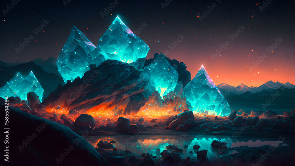 rocky alien crystal covered planet night landscape, neural network ...