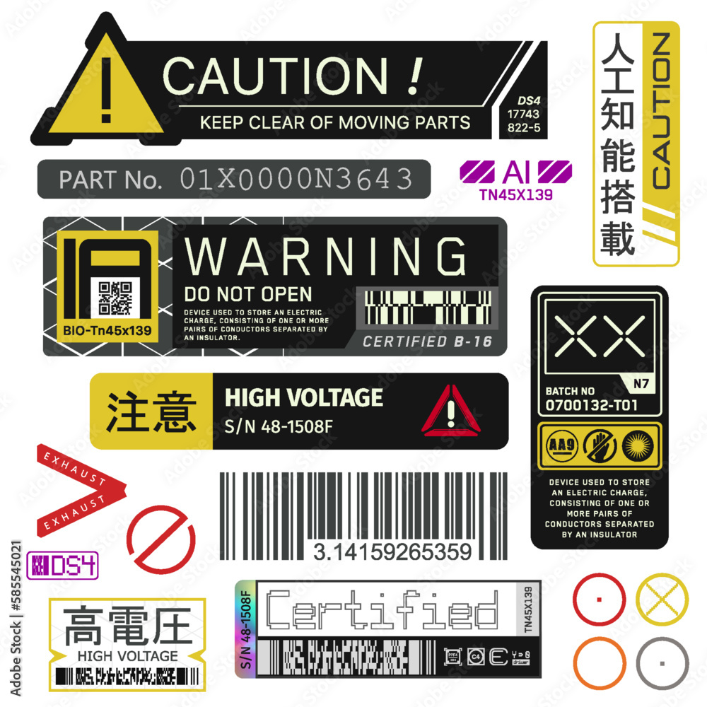 Cyberpunk decals set. Set of vector stickers and labels in futuristic ...