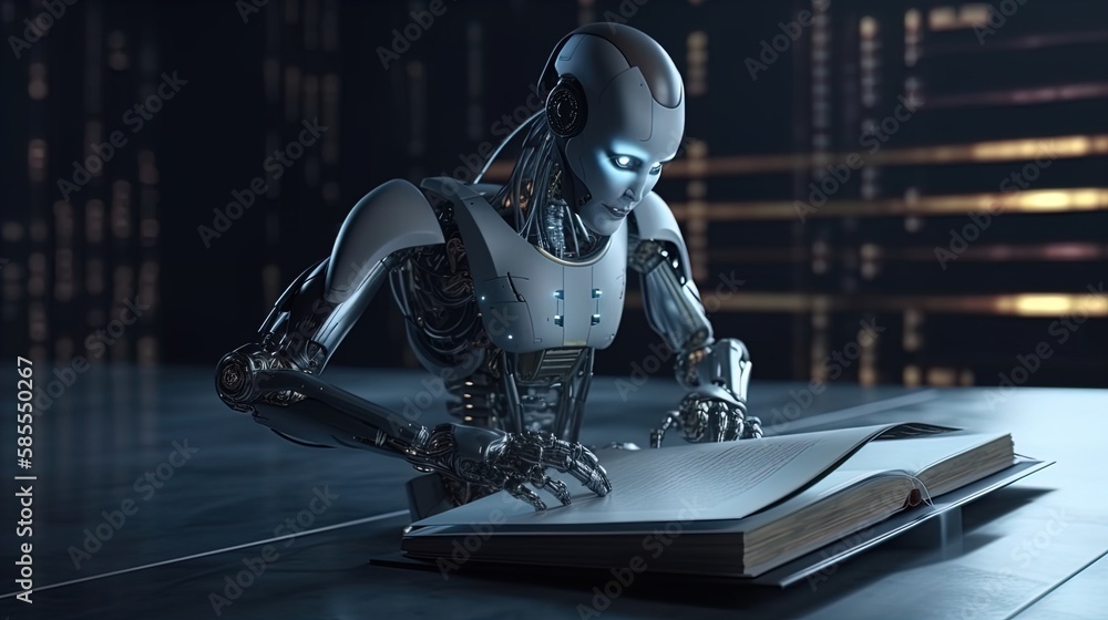 Стоковая иллюстрация «Knowledge Unlocked: AI Android Robot Reading a Book in Machine Learning ...