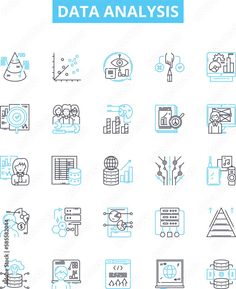 Data analysis vector line icons set. Analytics, Mining, Exploration, Modeling, Visualization ...