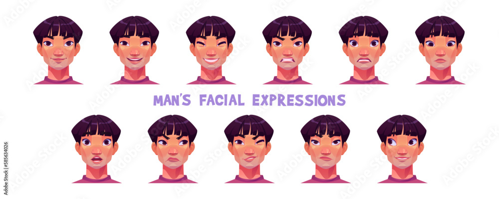 Asian man face, japanese or chinese character with sad, happy and angry ...