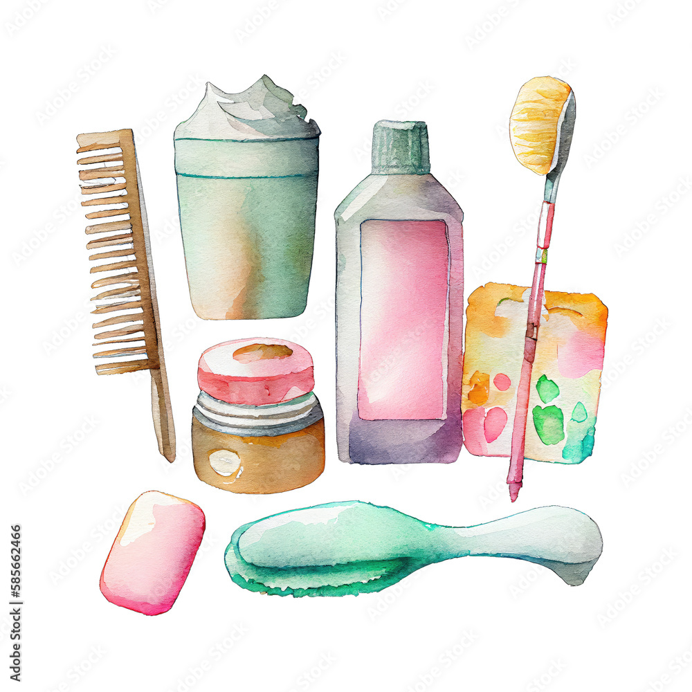 Watercolor clipart of a Personal hygiene items. Transparent background ...