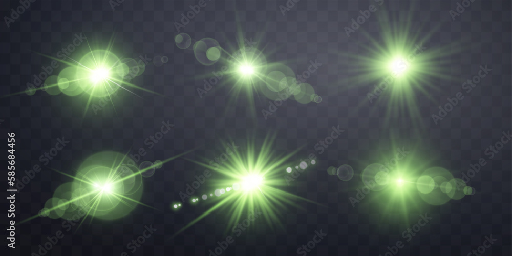 Green lens flares set. Isolated on transparent background. Sun flash ...