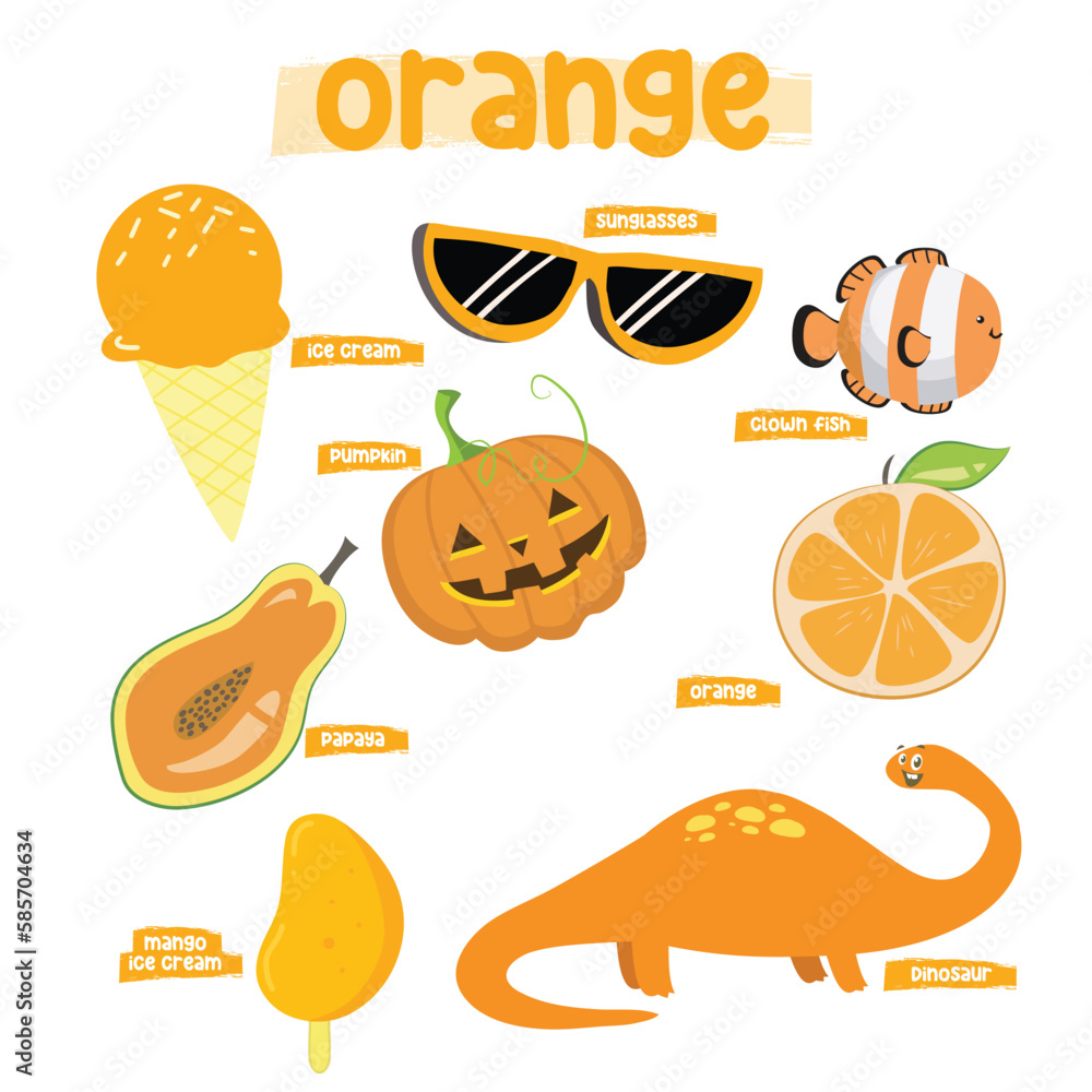 Set Of Orange Color Objects Primary Colours Flashcard With Orange Elements Learning Colors For